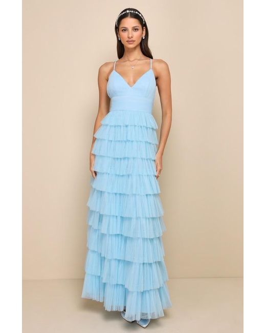 Lulus Radiant Event Mesh Tiered Pleated Backless Maxi Dress in Blue | Lyst