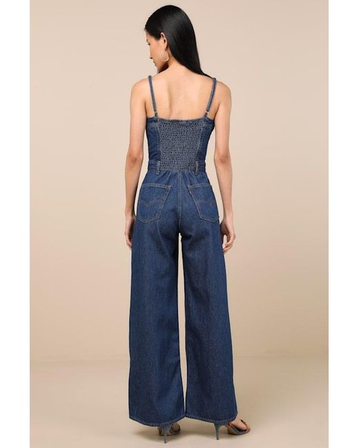 Levi's Bustier Dark Wash Zip-Front Wide-Leg Jumpsuit in Blue | Lyst