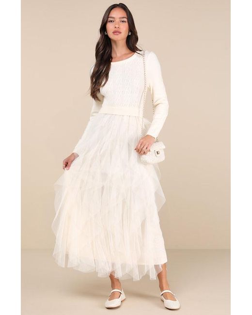 Lulus Ultimate Beauty Cable Knit Ruffled Tulle Maxi Dress in Natural | Lyst
