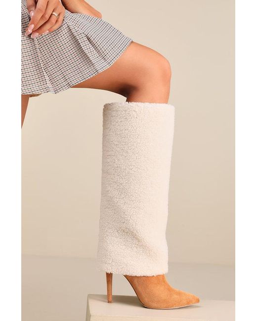 Lulus Erving Suede Faux Fur Fold-Over Knee-High Boots in Natural | Lyst