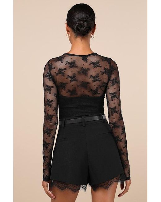 Lulus Sheer-Ly Sweet Sheer Lace Crew Neck Long Sleeve Bodysuit in Black ...