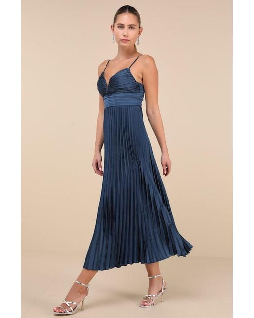 Lulus Fabulous Perfection Satin Pleated Midi Dress in Blue | Lyst
