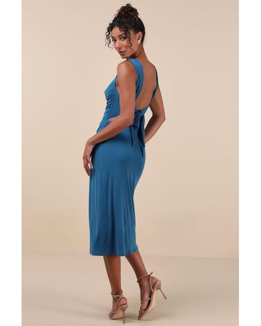 Lulus Flawless Effect Dark Slinky Knit Cowl Tie-Back Midi Dress in Blue ...
