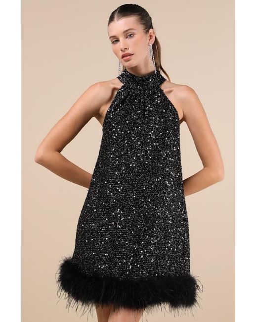 Lulus Magnetic Darling Shiny Sequin Feather Shift Mini Dress in Black ...