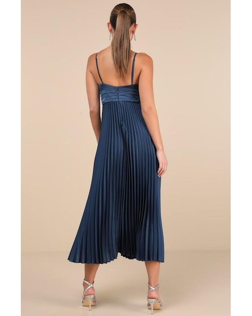Lulus Fabulous Perfection Satin Pleated Midi Dress in Blue | Lyst