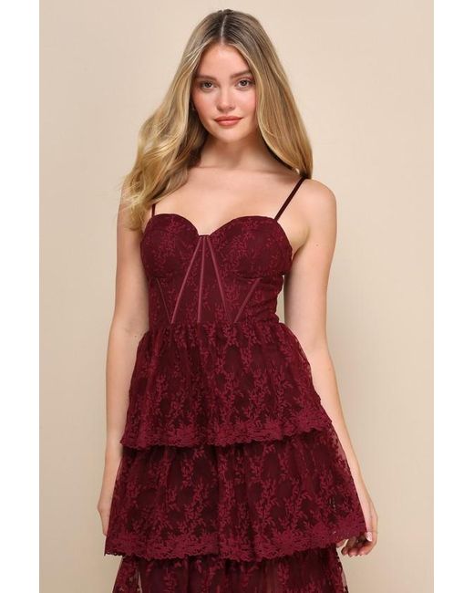Lulus Exceptional Persona Lace Tiered Bustier Midi Dress | Lyst