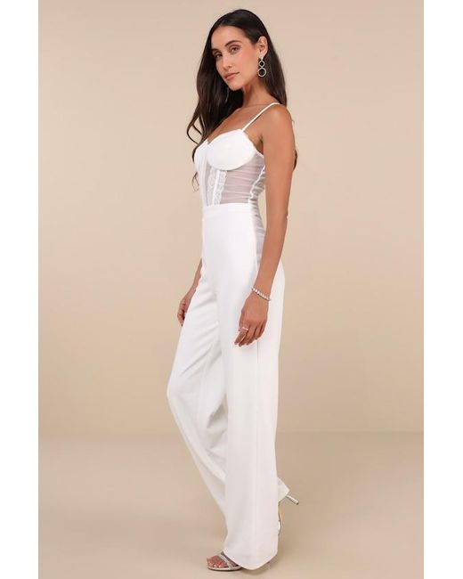 Lulus Perfectly Sultry Sheer Mesh Bustier Wide-Leg Jumpsuit in Natural ...