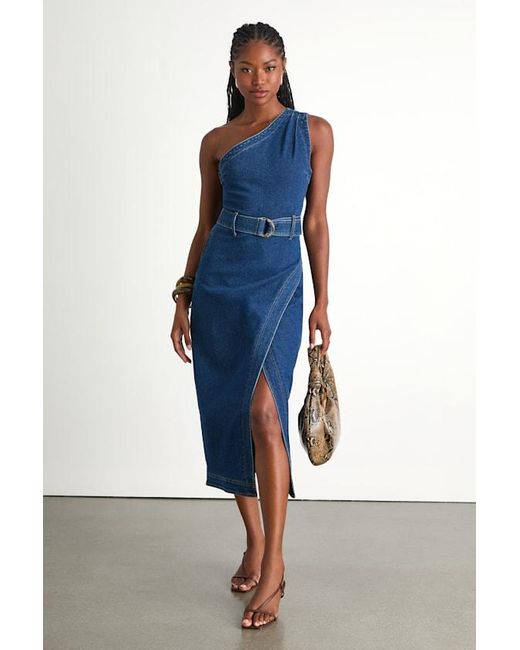 Lulus Avelina Medium Wash Denim One-Shoulder Belted Midi Dress in Blue ...