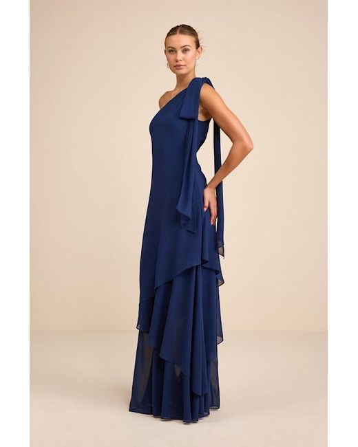 Lulus Camellia One-Shoulder Bow Maxi Dress in Blue | Lyst