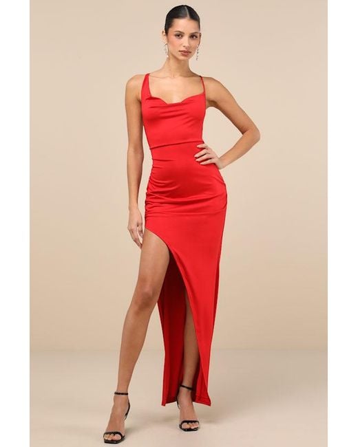 Lulus Stunning Perception Slinky Lace-Up Maxi Dress in Red | Lyst