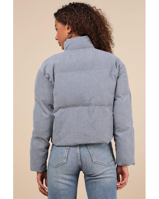 Lulus Cloud Nine Cutie Slate Cropped Corduroy Puffer Jacket in Blue | Lyst