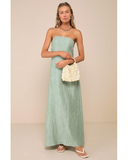 Lulus Radiant Season Plisse Cutout Strapless Maxi Dress in Green | Lyst