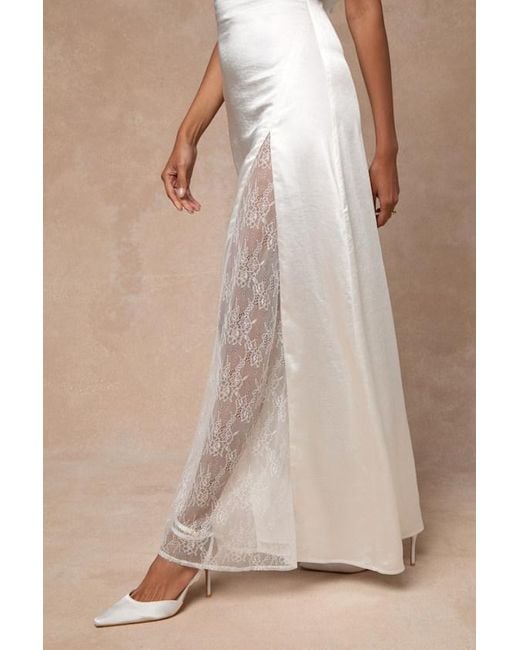 Lulus Concetta Satin Lace Halter Maxi Dress in Natural | Lyst UK