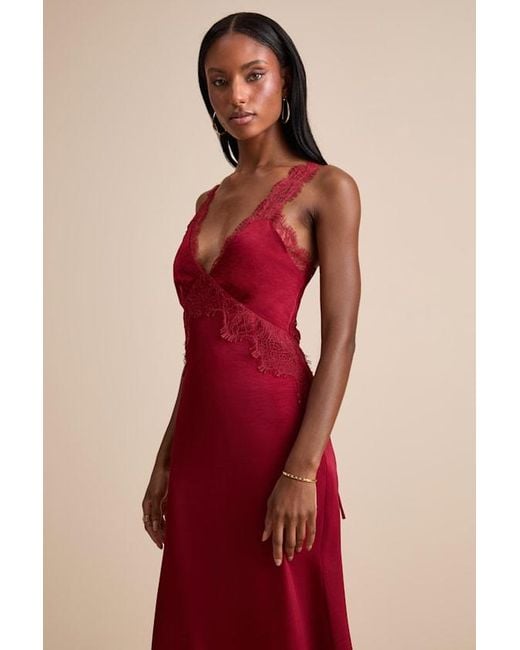 Lulus Alayah Satin Lace Tie-Back Midi Dress in Red | Lyst