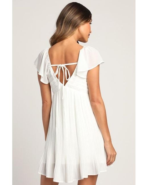 Lulus Amalfi Coast Pleated Flutter Sleeve Mini Dress in White | Lyst