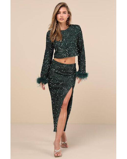 Lulus Sparkling Behavior Sequin Feather Long Sleeve Top in Green | Lyst UK