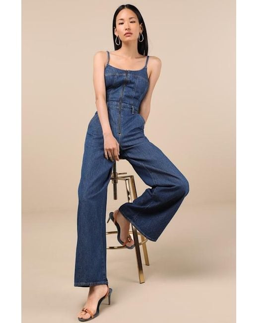 Levi's Bustier Dark Wash Zip-Front Wide-Leg Jumpsuit in Blue | Lyst