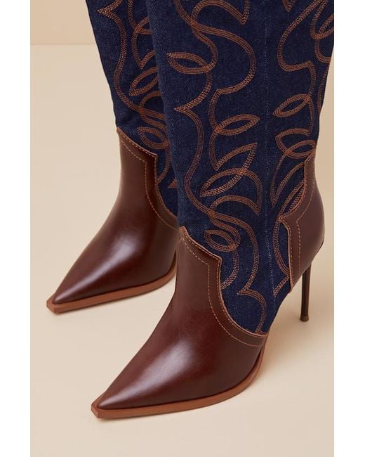 Steve Madden Tyrant Denim Multi Leather Knee-High High Heel Western ...