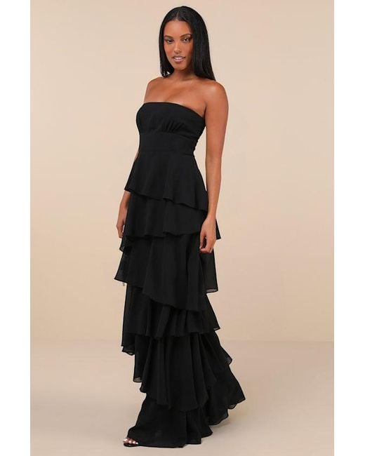 Lulus Gorgeous Essence Strapless Tiered Maxi Dress in Black | Lyst