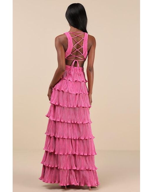 Lulus Beauty Icon Satin Pleated Tiered Lace-Up Maxi Dress in Pink | Lyst