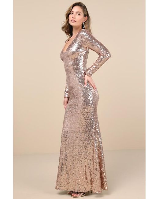 Lulus Capture The Moon Long Sleeve Sequin Maxi Dress in Natural | Lyst