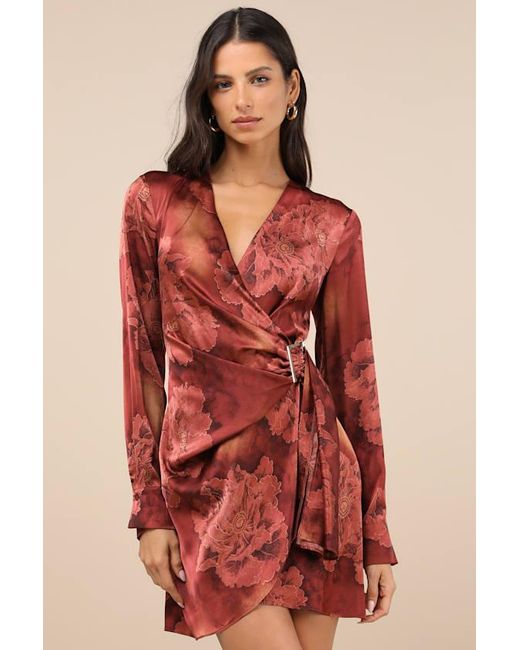 Lulus Casually Elegant Rust Floral Satin Surplice Belted Mini Dress in Red | Lyst