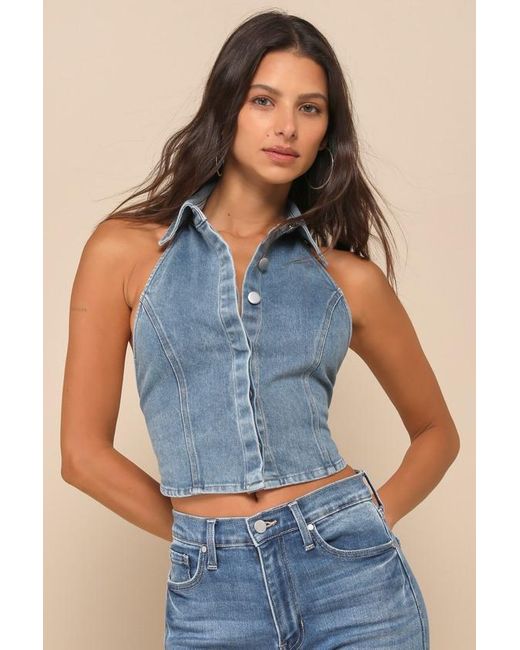 Lulus Sensational Trend Light Wash Denim Collared Backless Crop Top in ...