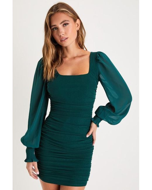 Lulus Perfect Sensation Mesh Ruched Puff Sleeve Mini Dress in Green | Lyst