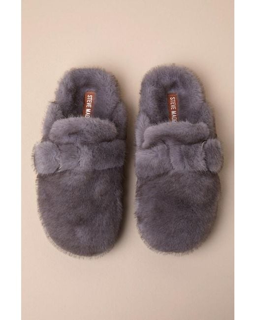 Steve Madden Bohan Faux Fur Buckle Mule Slides in Gray | Lyst