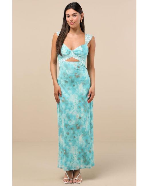 Lulus Endlessly Cute Floral Mesh Cutout Lace Bustier Maxi Dress in Blue ...