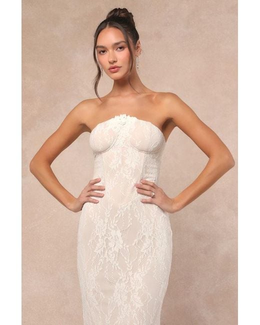 Lulus Valeria Lace Strapless Bustier Maxi Dress in Natural | Lyst