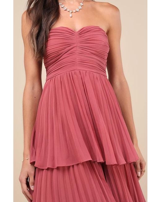Lulus Seriously Sensational Rusty Rose Strapless Tiered Maxi Dress | Lyst