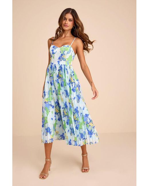 Lulus Dorothy Multi Floral Print Pleated Midi Dress in Blue | Lyst