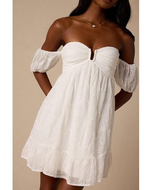 Lulus Cutest Icon Embroidered Off-The-Shoulder Mini Dress in White | Lyst