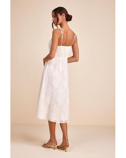 Lulus Loveliest Looks Floral Jacquard Tie-Strap Midi Dress in Natural ...