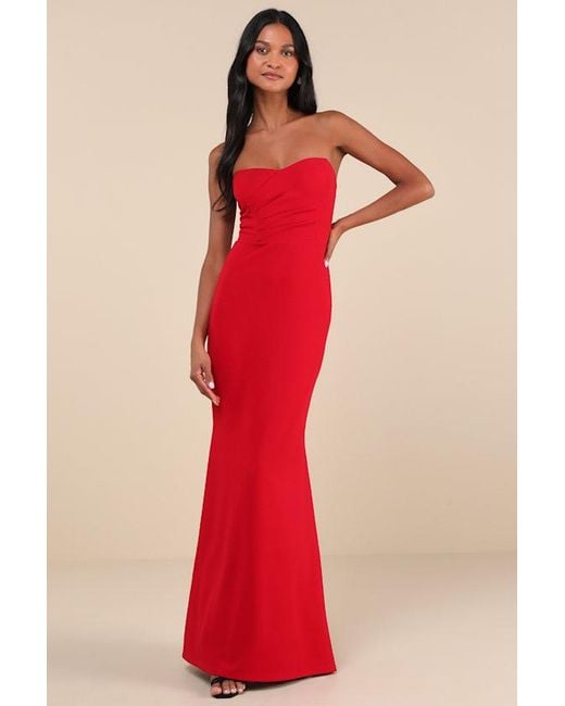 Lulus Iconic Arrival Strapless Bustier Mermaid Maxi Dress in Red | Lyst