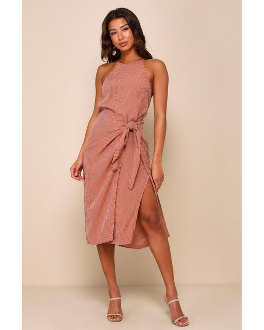 Lulus Amalfi Muse Rust Striped Cutout Faux Wrap Midi Dress | Lyst