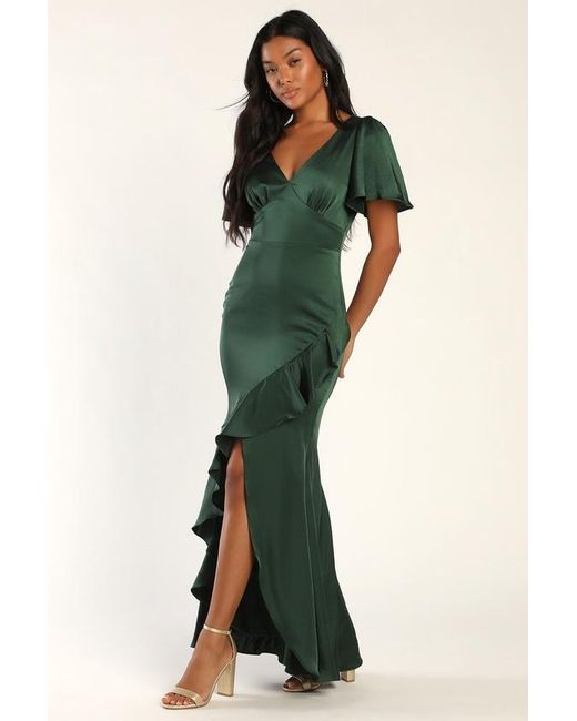 Lulus Eternal Bond Emerald Satin Ruffled Flutter Sleeve Maxi Dress in ...