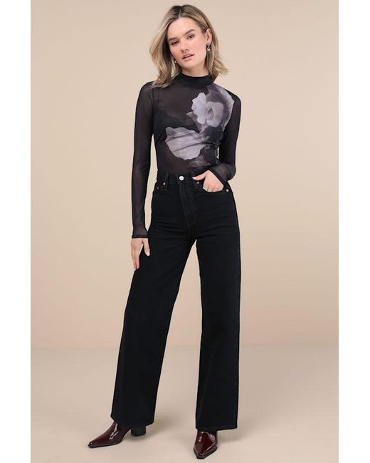 Lulus Prettiest Allure Floral Sheer Mesh Mock Neck Top in Black | Lyst