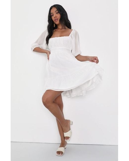 Lulus Ethereal Arrival Puff Sleeve Tie-Back Chiffon Mini Dress in White ...