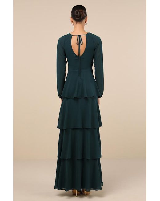 Lulus Flawless Excellence Emerald Tiered Long Sleeve Maxi Dress in Blue ...