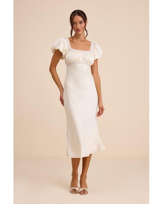 Lulus Catherine Satin Puff Sleeve Slip Midi Dress in Natural | Lyst