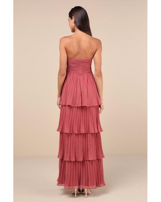 Lulus Seriously Sensational Rusty Rose Strapless Tiered Maxi Dress | Lyst
