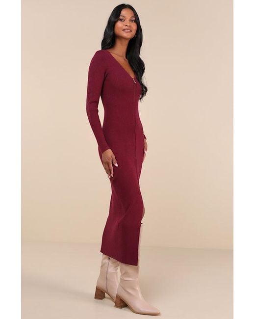 Lulus Snuggly Sweetness Plum Ribbed Zip-Front Sweater Midi Dress in Red ...