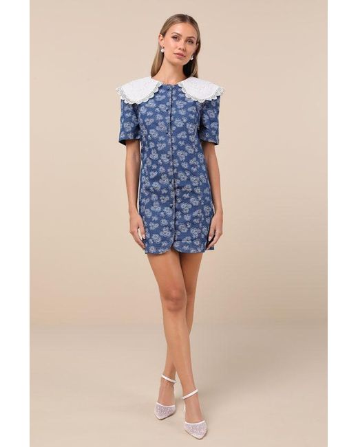 Sister Jane Wildflower Floral Jacquard Denim Lace Collar Mini Dress in ...