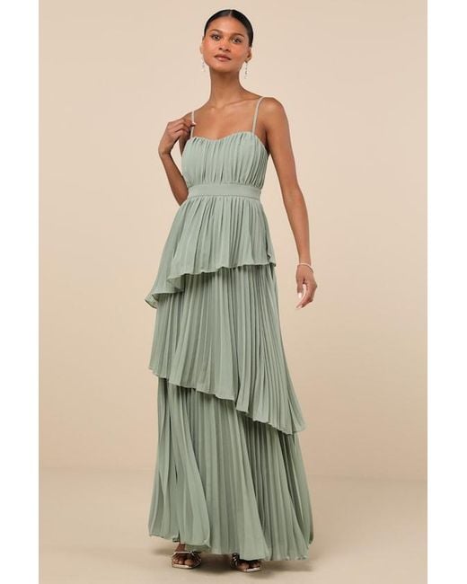 Lulus Jehona Sage Brush Pleated Tiered Maxi Dress in Green | Lyst