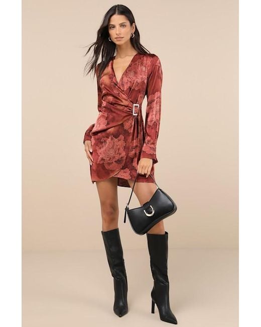 Lulus Casually Elegant Rust Floral Satin Surplice Belted Mini Dress in ...