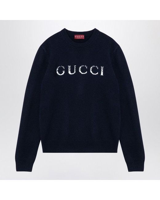Gucci Lettering Logo Inlay Wool Jumper in Blue for Men | Lyst
