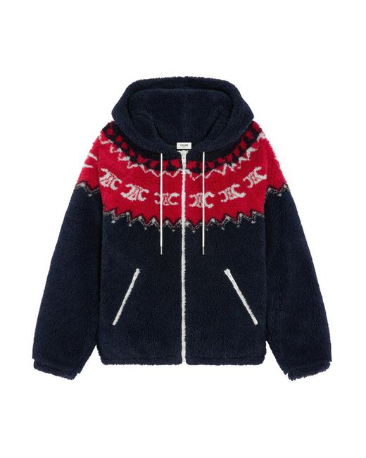 Celine Fair Isle Triomphe Brushed Fabric Hooded Jacket in Red for Men ...