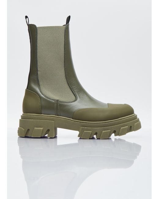 Ganni Cleated Mid Chelsea Boots in Green | Lyst